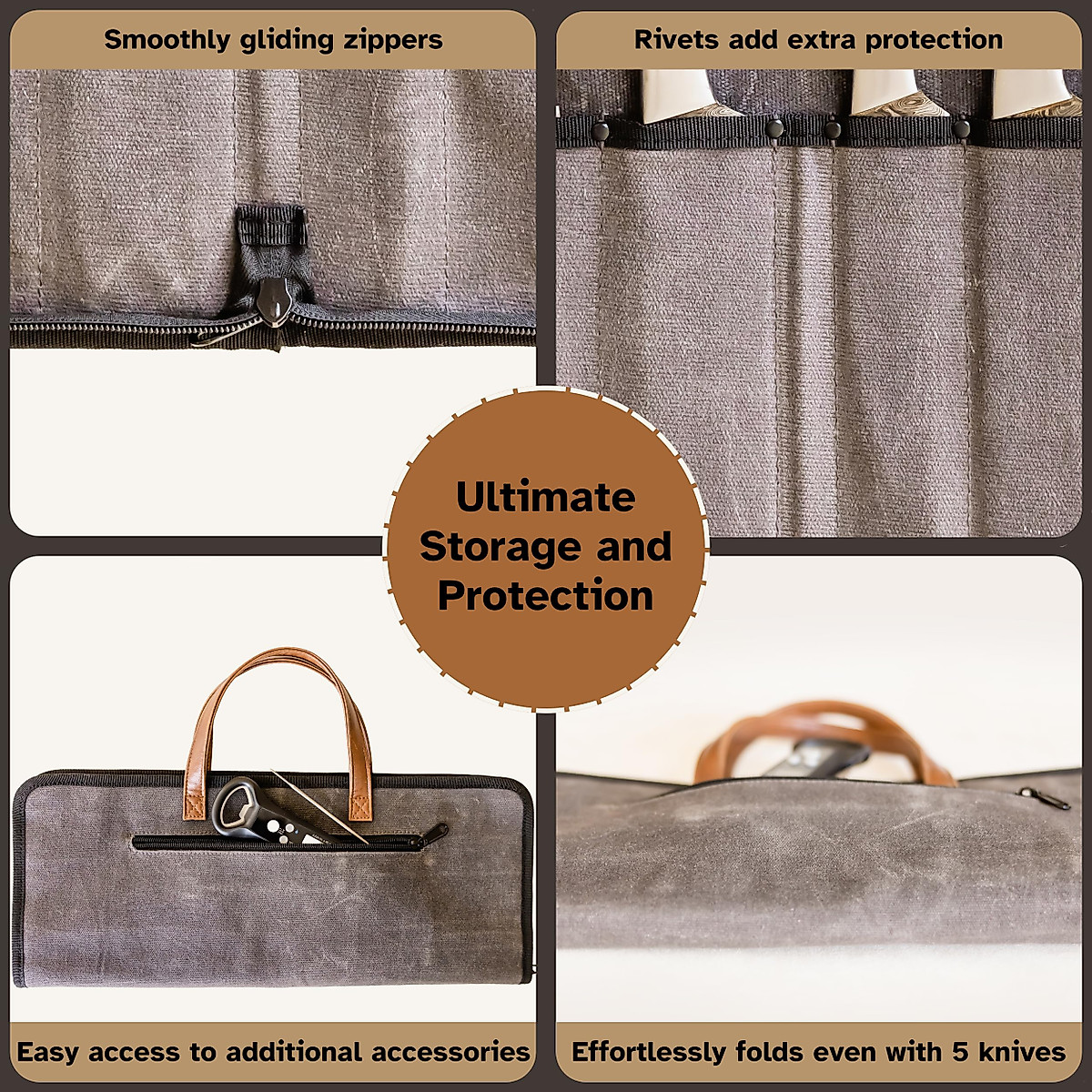 Knife Bag - Durable Waxed Canvas Chef Bag with zipper pocket & 5 slots for knives and kitchen tools, Knife roll for Knives & Kitchen Tools - Knife case for travel