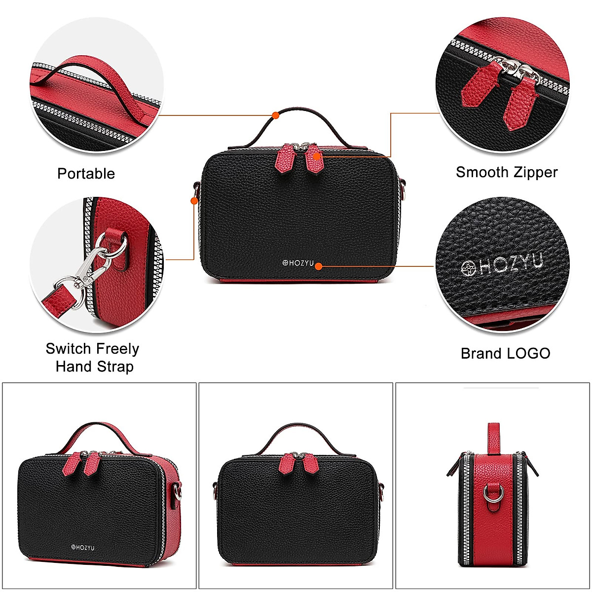 HOZYU Women's Cross-body Handbags Shoulder Bag Cell Phone Bags and Purse Fashion Double Zipper Bags Top Handle Bags (Black&Red)
