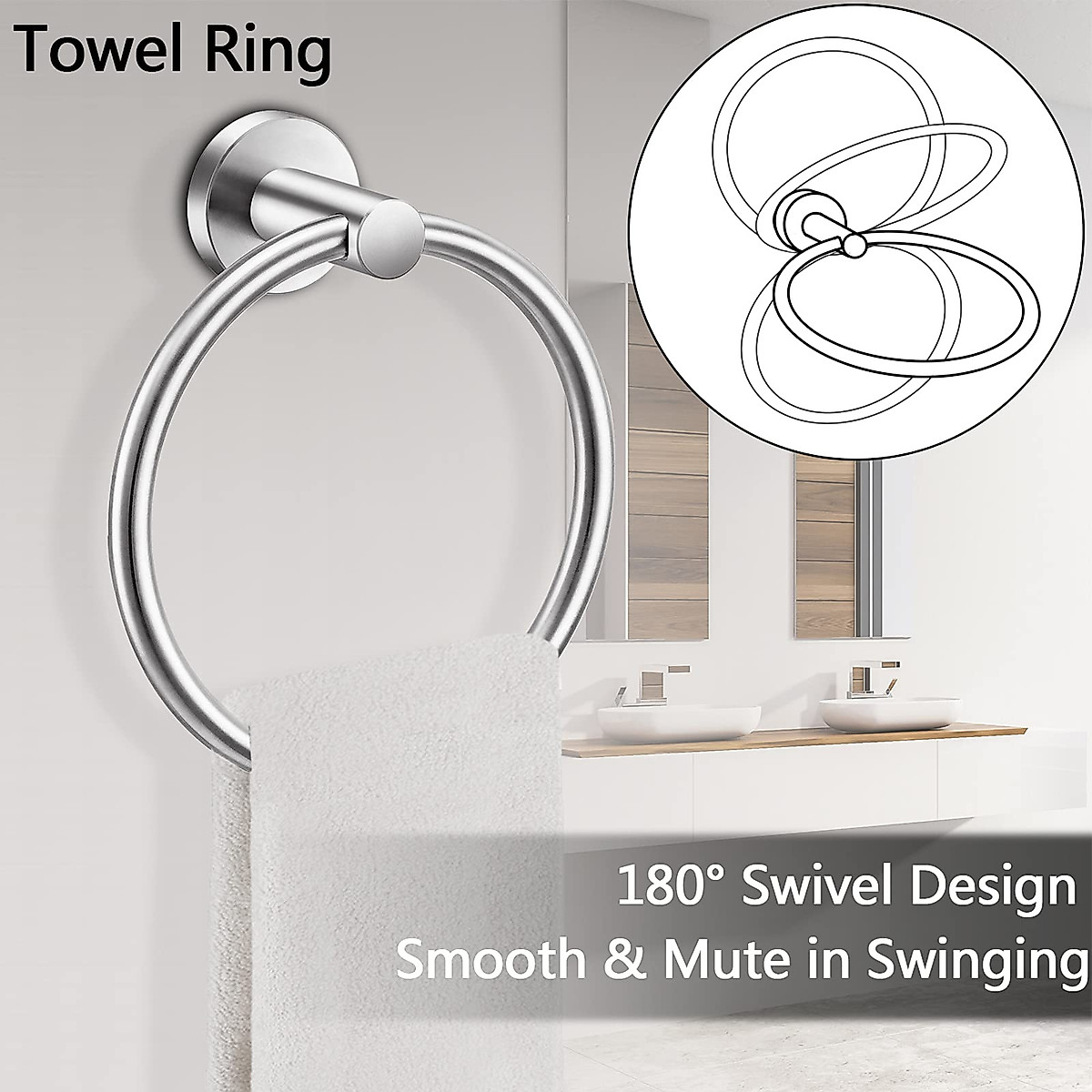 Pynsseu Brushed Nickel Toilet Paper Holder and Hand Towel Ring, 2 Pieces Bathroom Accessories SUS 304 Stainless Steel Wall Mount Hardware Set