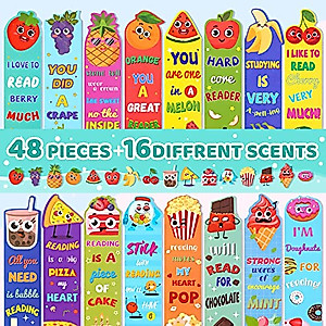 48 Pieces Kids Scented Bookmarks Scratch and Sniff Bookmarks Fruit Food Theme Bookmarks Assorted Smelly Bookmarks Cute Bookmarks for Students, Teens, Food Lovers, 16 Styles