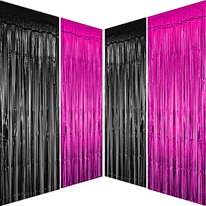 Hot Pink Black Party Metallic Tinsel Foil Fringe Curtain - Women Girls Birthday Graduation Wedding Bridal Shower Bachelorette New Years Carnival Party Photo Booth Streamer Backdrop Decorations, 4pc