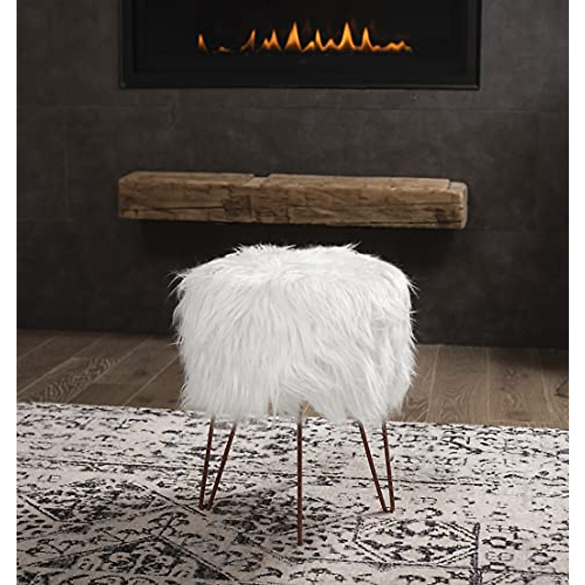 BIRDROCK HOME White Faux Fur Vanity Stool Chair - Soft Furry Compact Padded Seat - Vanity, Living Room, Bedroom and Kids Room Chairs - Hair Pin Metal Legs Upholstered Decorative Furniture Foot Rest