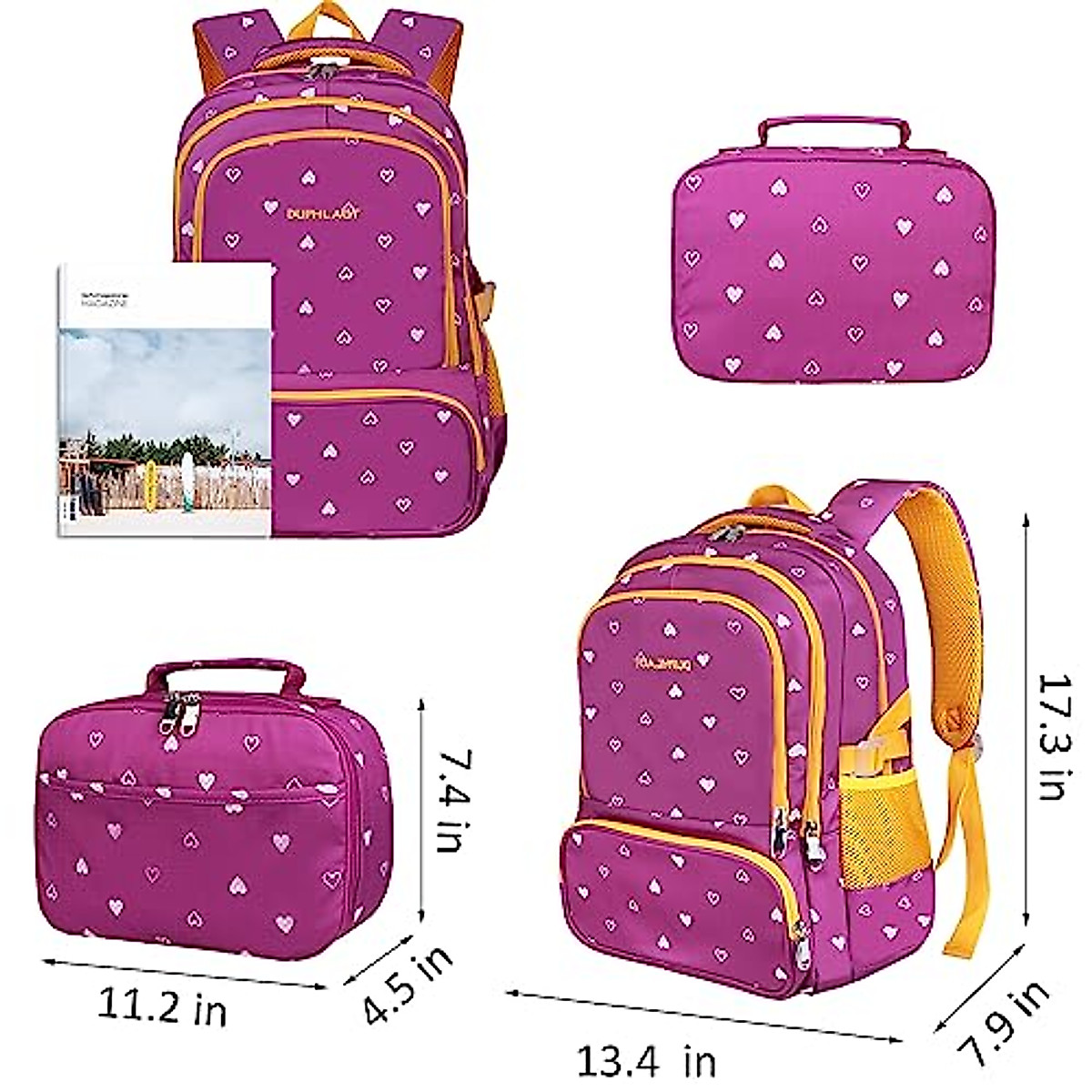 DUPHLAGT Kids Backpack for Girls with Lunch Box, Water Resistant Casual School Bag, Lightweight Elementary Daypack School Backpack for Teen Girls (Purple)