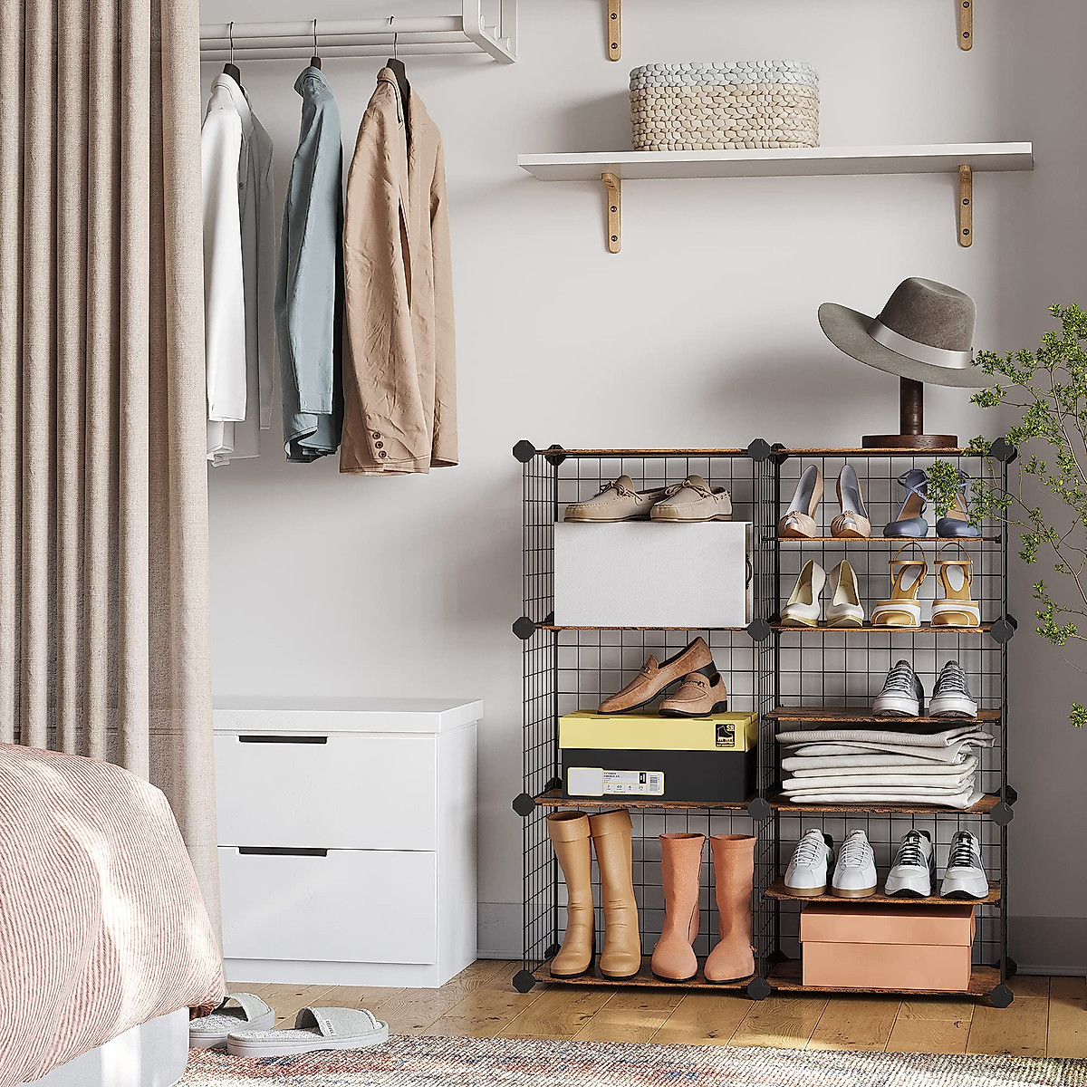 SONGMICS Shoe Rack, 18-Pair Storage Organizer, Portable Cube Shoe Organizer with Plastic Panels, DIY Modular Cabinet with Adjustable shlves, for Closet, Bedroom, Rustic Brown and Black ULPM036A01