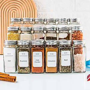 UMEIED 36pcs Glass Spice Jars with 216pcs Spice Labels, 4Oz Empty Square Glass Jars Glass Spice Containers with Shaker Lids & Metal Caps, Square Seasoning Jars Bottles for Spice Rack, Cabinet, Drawer