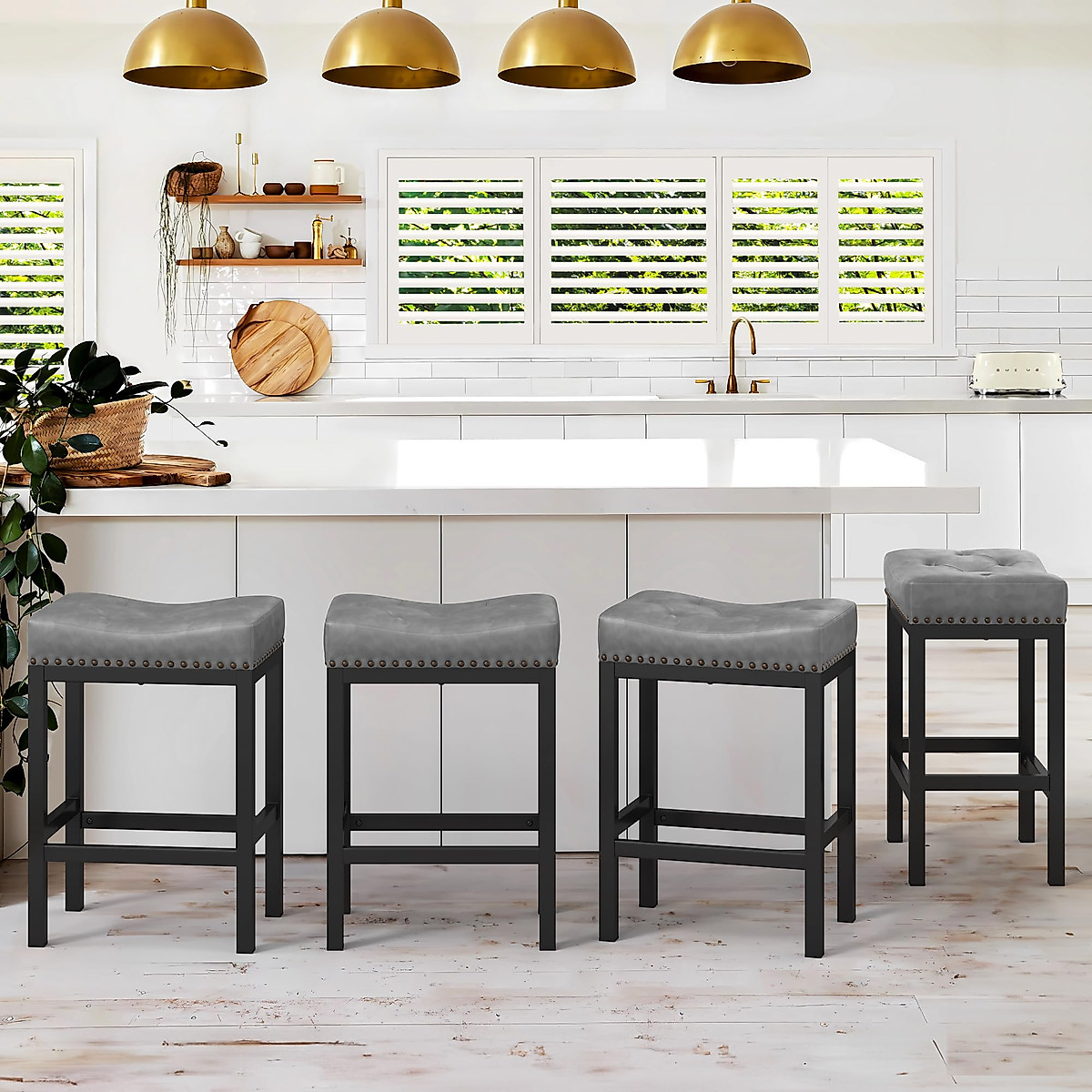 LUE BONA Bar stools Set of 2, 24 Inch Saddle Square Counter Height Bar Stools for Kitchen Island, Modern Backless Faux Leather Counter Stools with Black Metal Legs for Bar, Bistro, Dark Gray