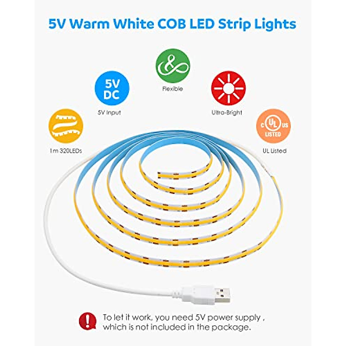 Aclorol USB COB LED Strip Lights Warm White Led TV Backlight 5V 1M 3.28FT 320Leds 3000K CRI85+ FCOB COB Flexible Lights with 1M USB Powered for Bedroom Under Cabinet Kitchen DIY Lighting Project