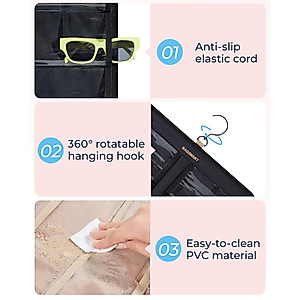 BAGSMART Hanging Jewelry Organizer, Dust Proof Sunglasses Storage Case Wall Mounted, Travel Dual Sided Glasses Case Multiple Pairs, Eyeglasses Holder with 32 Clear Slots & Metal Hook, Black