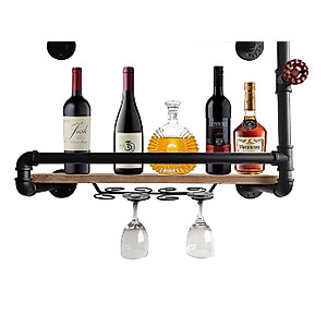 BSTGIFTS Wall Mounted Wine Rack - Wine Bottle Glass Holder - Industrial Pipe Floating Shelves - 2-Tiers Wood Shelf, Storage Shelves
