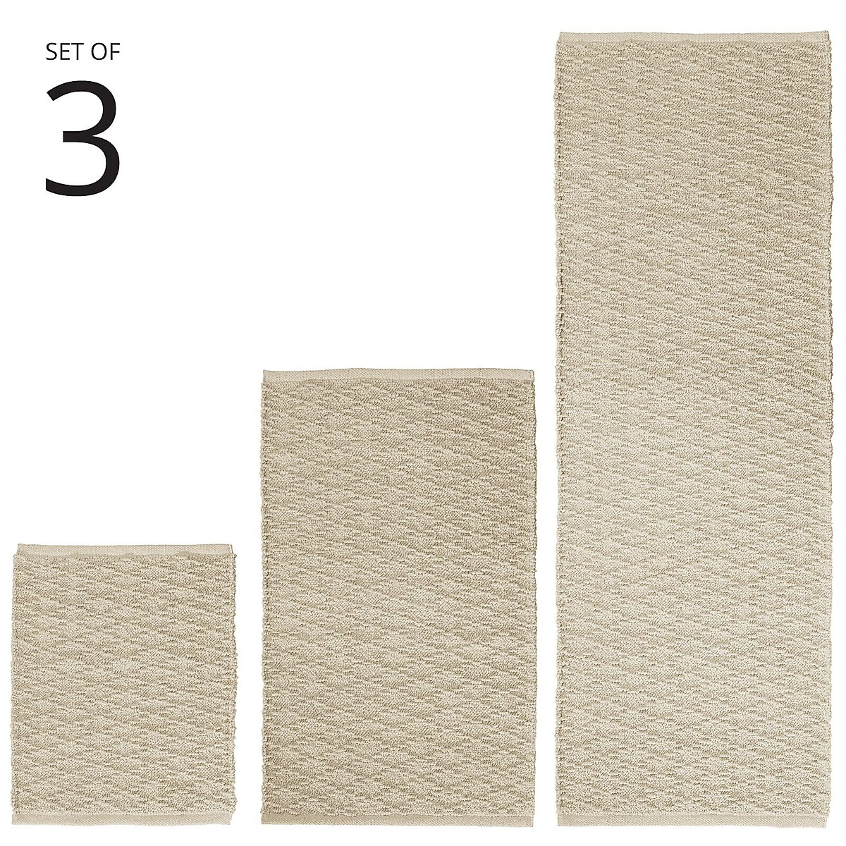 mDesign Soft 100% Cotton Luxury Rectangular Spa Mat Rugs, Water Absorbent, Diamond Design - for Bathroom Vanity, Tub/Shower, Machine Washable - Runner, Standard & Small Rug - Set of 3 - Linen/Tan