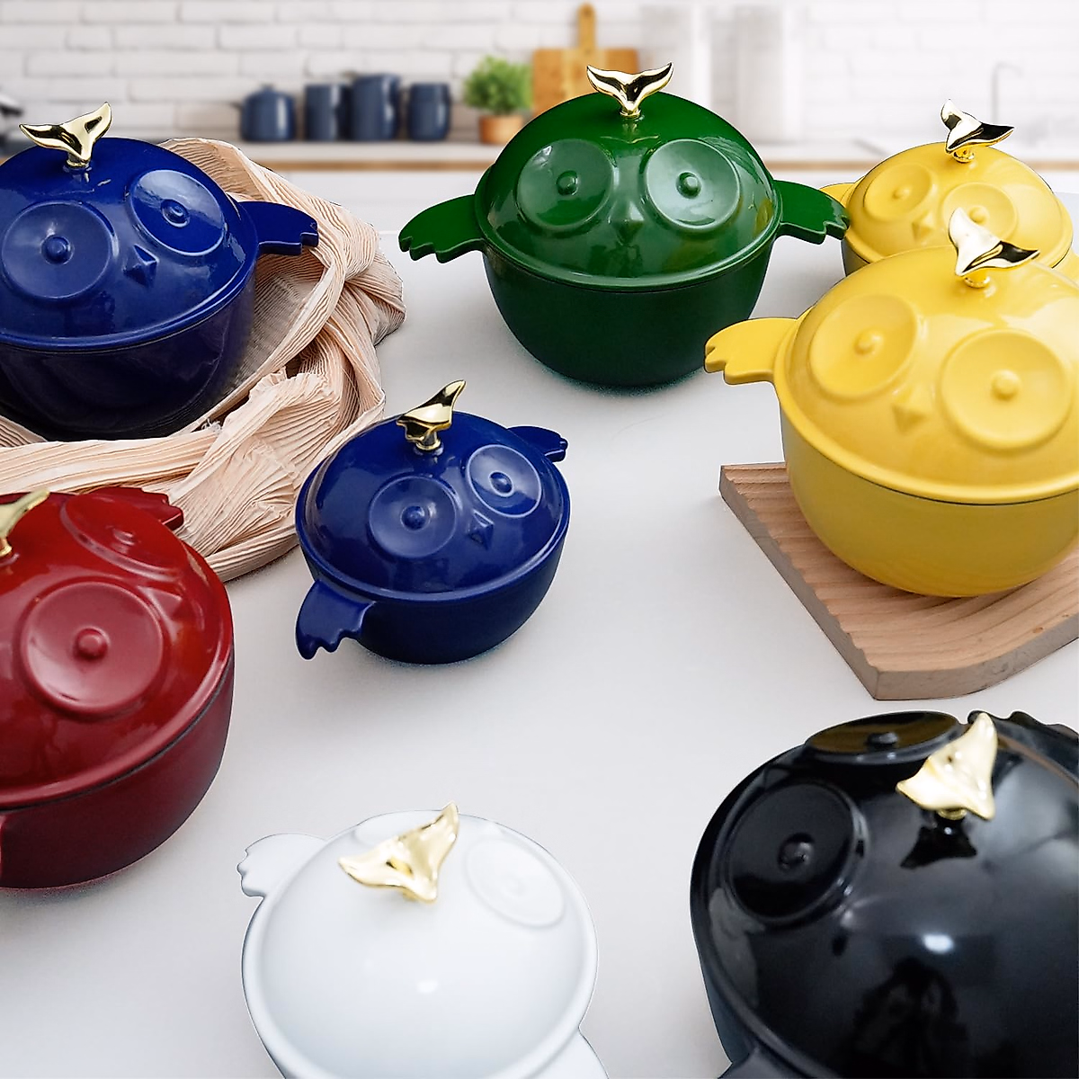 Flavehc Mini Cocotte 16 oz Owl Shaped Mini Dutch Oven 0.5 qt Cast Iron Garlic Roaster for Oven Garlic Confit Pot Ramekins with Lids Oven Safe, Green