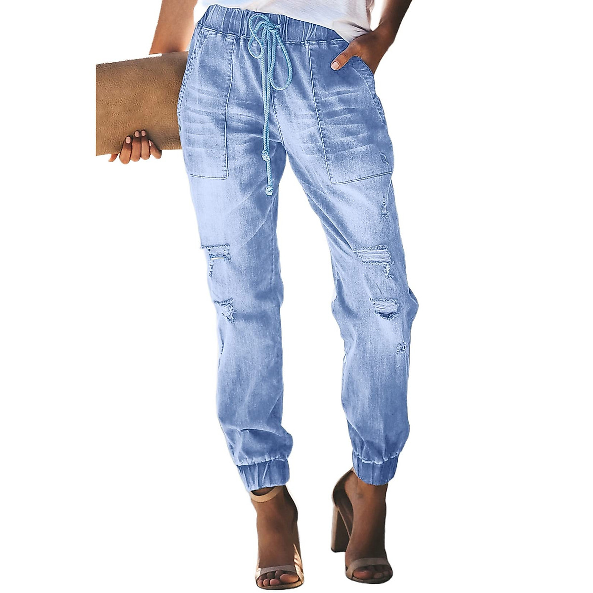 Sidefeel Women's Jeans Cargo Pants Ripped Denim Joggers Elastic Drawstring Waist Trouser Sky Blue Size 6
