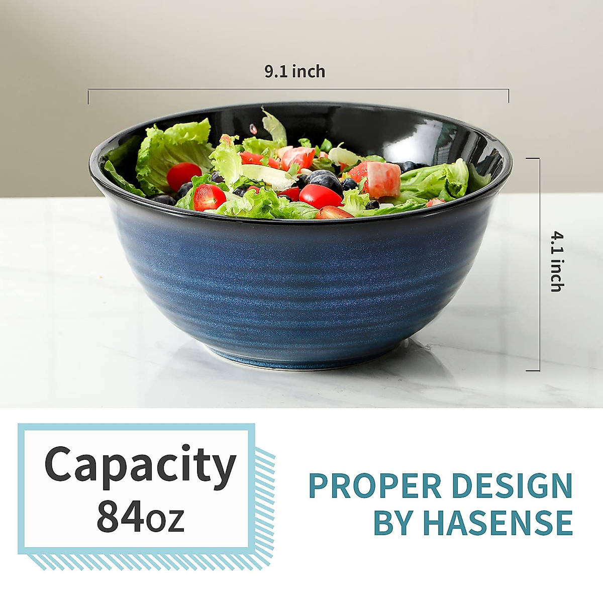 Hasense Ceramic Large Serving Bowls,84 Ounce Salad Mixing Bowls Set of 2 for Kitchen for Soup,Pho,Pasta,Popcorn, Dishwasher & Microwave Safe(Blue)