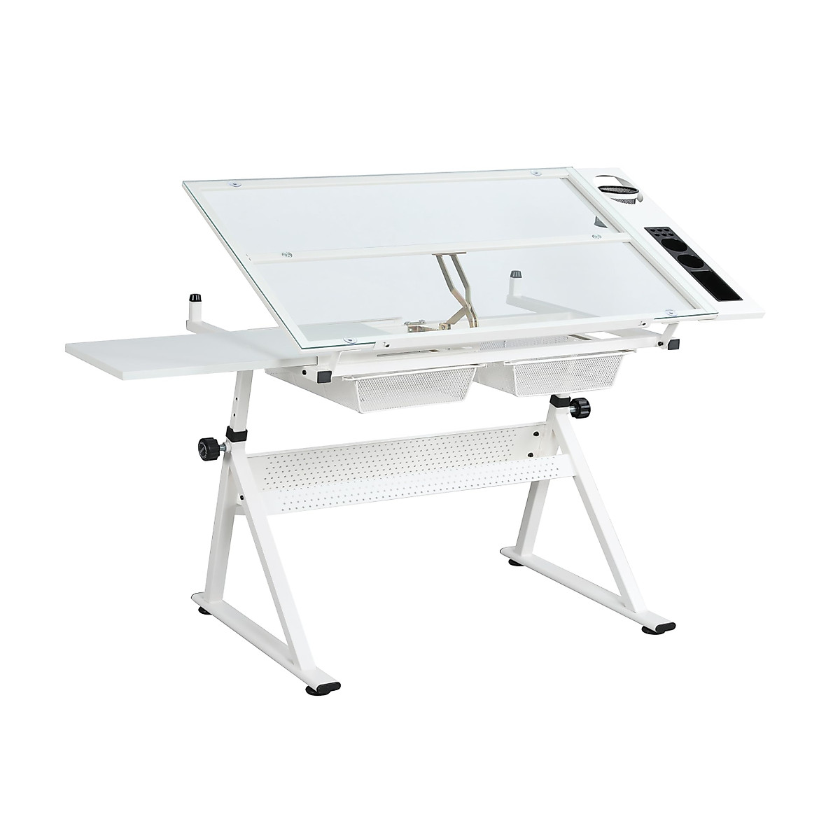 Tzou Drafting Printing Table with Chair 0-75° 31.5"-49.5" Adjustable Height Tempered Glass Drawing Table for Office School Artists Architects White