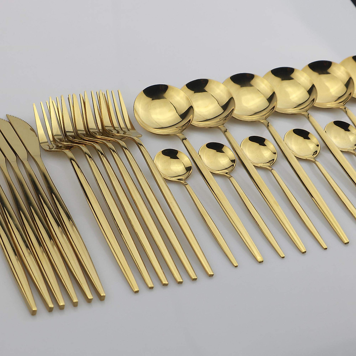 JANKNG 24-Piece Flatware Set, 18/0 Stainless Steel Knife Fork Spoon Teaspoon Silverware Set, Service for 6, MIrror Gold