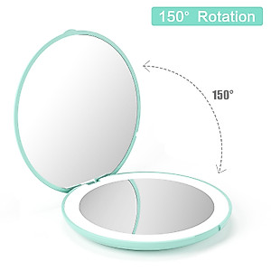 wobsion LED Lighted Travel Makeup Mirror, 1x/10x Magnification, Compact, Portable for Handbag, Purse, Pocket, 3.5 inch Illuminated, Folding, Handheld, 2-Sided , Round, Cyan