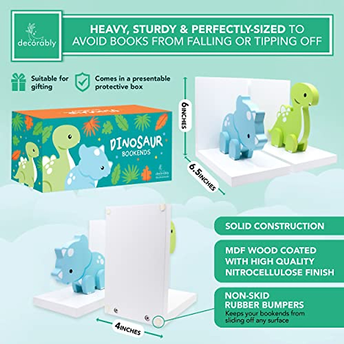 Decorably Dinosaur Bookends for Kids - Kids Bookends, Kids Book Ends for Boys Room, Cute Book Ends for Kids Room, Boy and Girl Bookends, Kid Book Ends, Child Bookends, Nursery Bookends for Baby Room