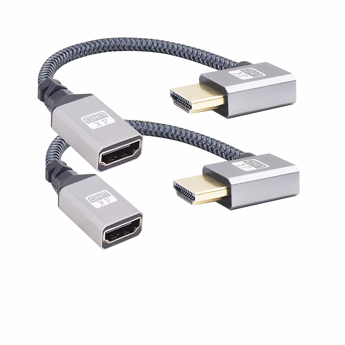 RIIEYOCA 90 Degree Right Angle UHD 4K HDMI Female to HDMI Male Braided Cable 0.59ft,18Gbps High Speed 2.0 Braided Cable, Supports 4K@60Hz,1080p,ARC,3D,for Blu-ray Players,DVRs,HDTV,Roku Ultra(2pack)