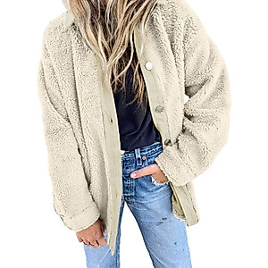 Dokotoo Women Winter Coat Turn-Down Collar Sherpa Jacket Women 2023 Fleece Shirt Jacket Button Down Women Coat Casual Long Sleeve Coats with Pockets Beige Medium