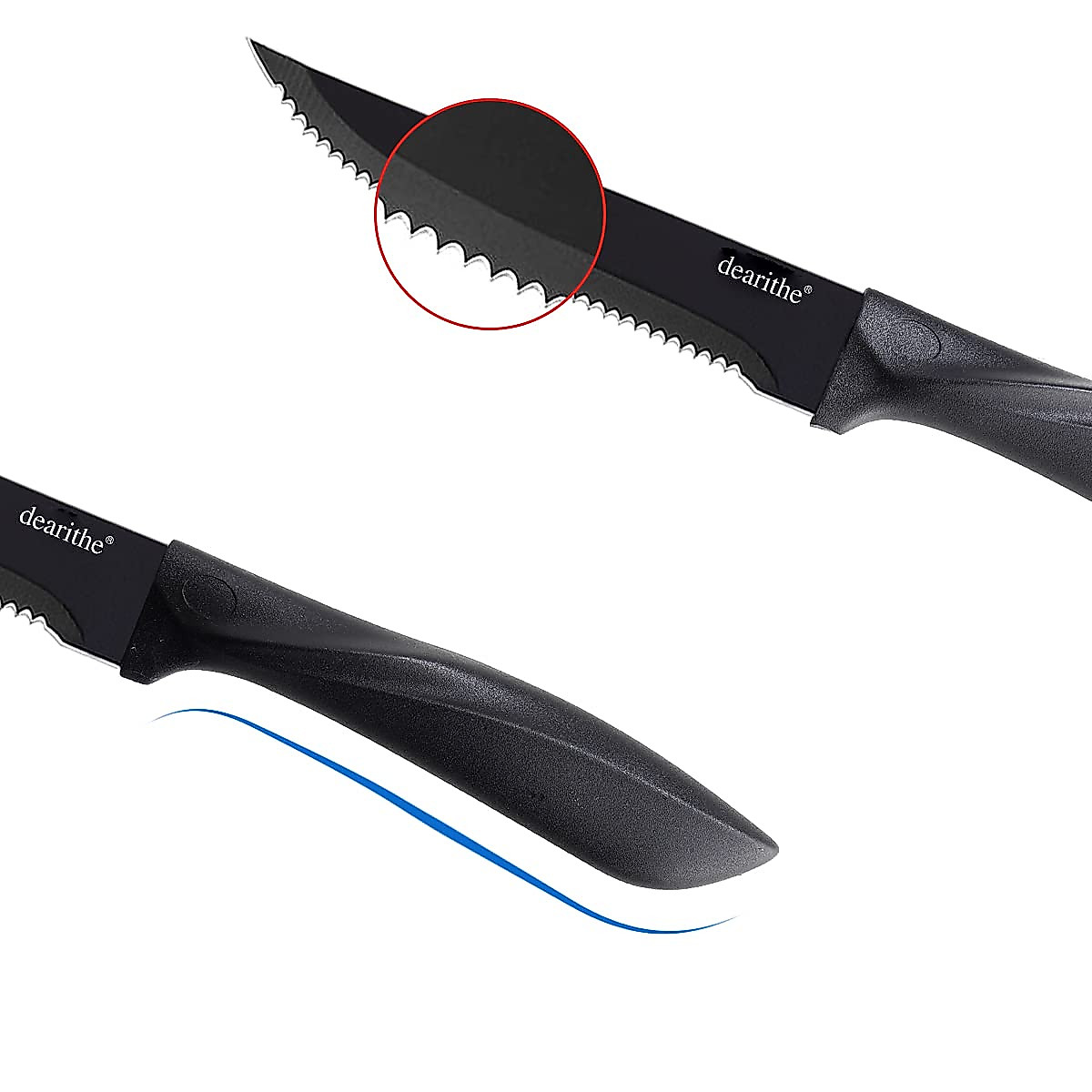 dearithe Steak knives set of 6, Black Serrated Stainless Steel Sharp Blade Flatware Steak Knife Set, 4.5 Inches,Non stick coating for Anti-rusting, for Restaurant Tableware Kitchen Camping