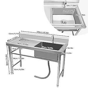 304 Stainless Steel Utility Sink Free Standing Outdoor Sink, Single Bowl Commercial Kitchen Sink w/Workbench, Stainless Steel Prep & Utility Sink for Restaurant, Kitchen, 47" x 24" x 32" (US Stock)