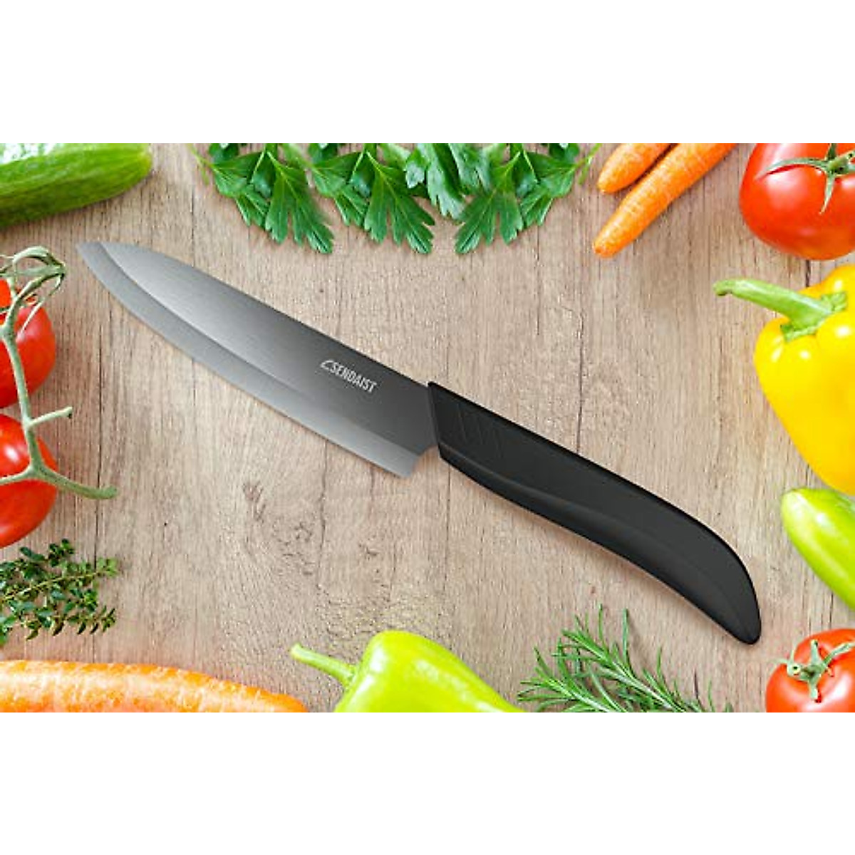 Sendaist Pro Series Ceramic knife , Ultra Sharp 6-inch Ceramic Chef's knife with Sheath Cover, Black Blade, and Soft Touch Ergonomic Black Handle (In Gift Box)