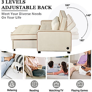 YiMiYom 65.7" Full Size Sleeper Sofa Bed, 3-in-1 Pull Out Sofa Bed Couch, Velvet Loveseat Sofa Sleepers with Extra Thick Cushion, 2 Throw Pillows, 2 USB Port and Adjustable Backrest (Beige)