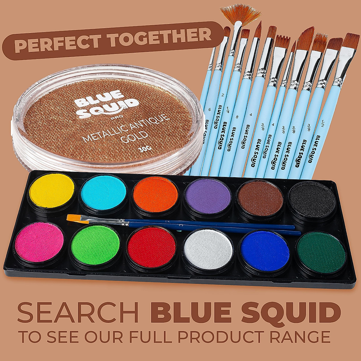 Blue Squid PRO Face Paint - Professional Water Based Single Cake Facepaint & Body Paints - SFX Makeup, Kids Adults Face Painting for Costume, Halloween, Cosplay - Metallic Antique Gold 30g / 1oz