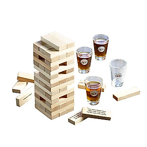 Game Night Tipsy Tower Glass Drinking Game Set w/Wooden Blocks & 4 Lead-Free Shots-Ideal Gift for Birthdays, Father's Day & More, 1 Count (Pack of 1), Brown