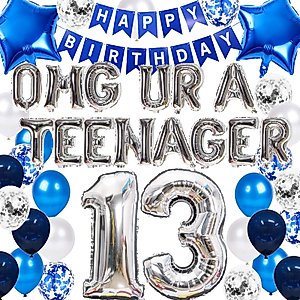 13th Birthday Decorations Blue for Boys, OMG UR A Teenager 13th Birthday Decoration, Blue 13th Birthday Banner Number 13 Star Foil Balloons with Blue Confetti Balloons for 13 Year Old Birthday Boys