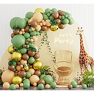 RUBFAC 160pcs Sage Green Brown Balloon Garland Kit Jungle Safari Woodland Balloon Arch with Sage Green Dark Brown Beige Gold Matte Balloons for Jungle Party Baby Shower Safari Birthday Decorations
