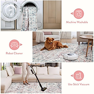 LIVEBOX Washable Rugs 8x10 for Girls Bedroom, Light Pink Area Rugs for Girls Room, Soft Non-Shedding Boho Living Room Rugs, Low-Pile Floral Rug Faux Wool Bedroom Rug 8x10 Under Bed, Blush/Blue