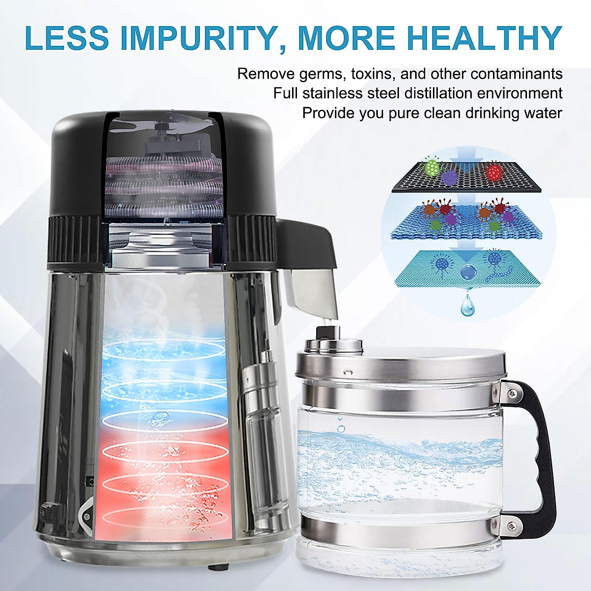 DC HOUSE 1Water Distiller, 304 Stainless Steel Home Countertop Distiller Water Machine, Distilled Water Maker, Distill Distilling Water Purifier Distillers to Make Clean Water