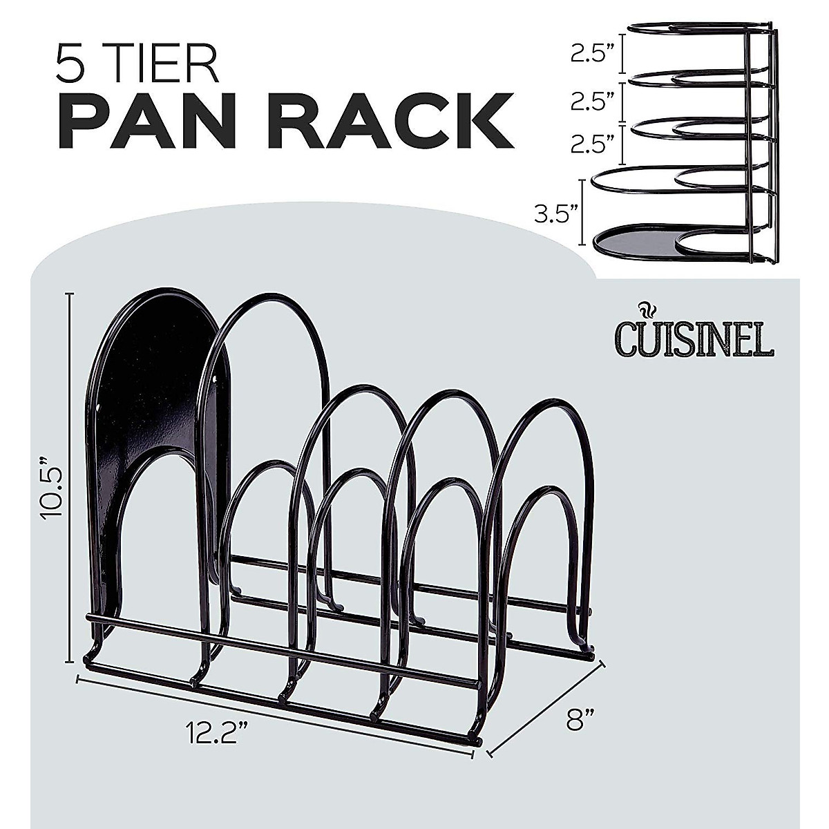 Heavy Duty Pan Organizer, 5 Tier Rack - Holds up to 50 LB - Holds Cast Iron Skillets, Griddles and Shallow Pots - Durable Steel Construction - Space Saving Kitchen Storage - No Assembly Required