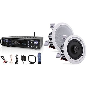 Pyle Wireless Bluetooth Home Stereo Amplifier and in-Wall Speaker System Bundle - 3000 Watt Bluetooth Receiver with AM/FM Radio, MP3/USB,AUX,RCA and 200W in-Wall Speakers (6.5") for Home Audio