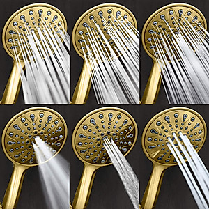 ShowerMaxx, Elite: ImperialShine Gold Finish Hand Held Rain Shower Head, Large 6 inch 6 Spray Settings Handheld Rainfall Showerhead with Long Stainless Steel Hose, (Polished Brass/ImperialShine Gold)