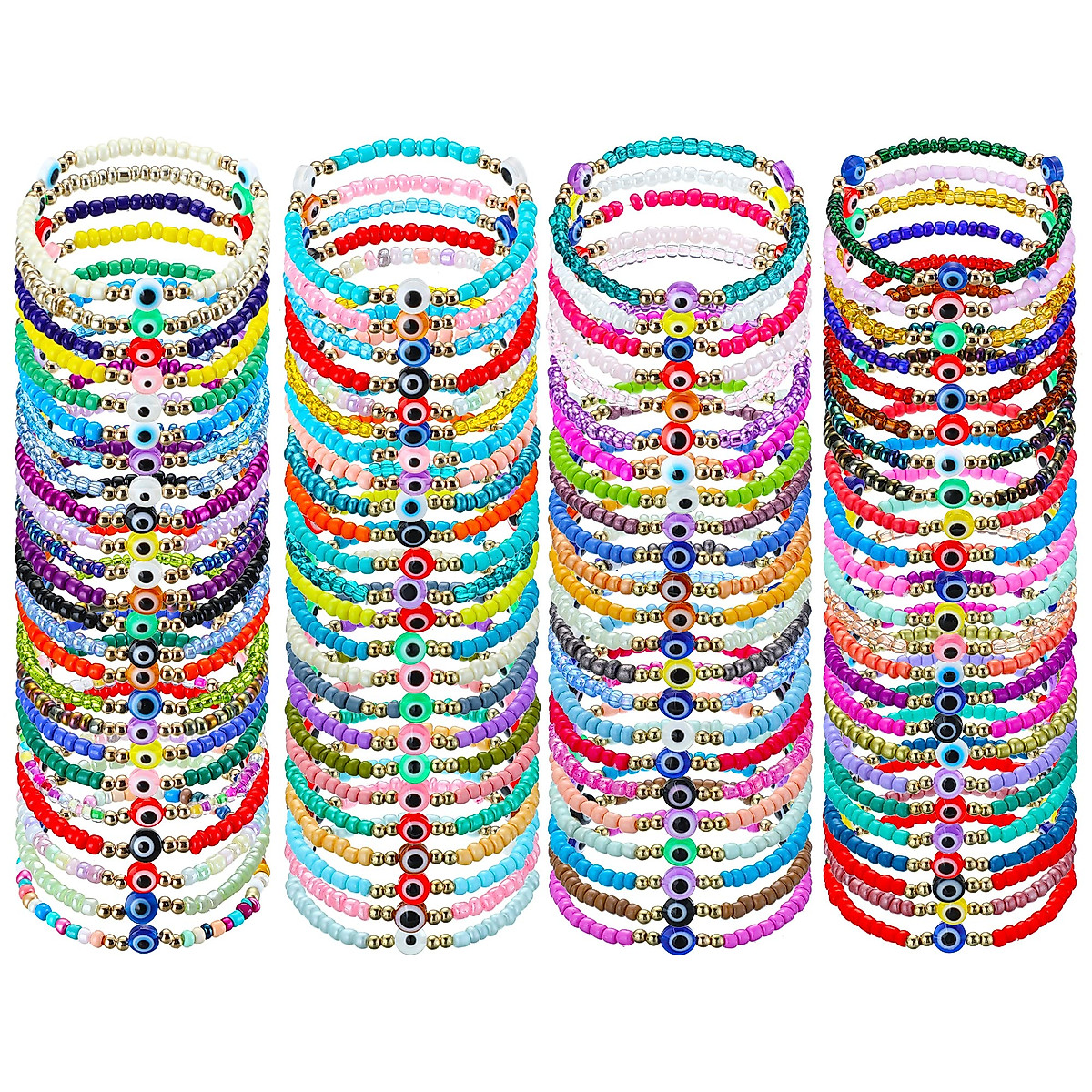 96 Pcs Mexican Evil Eye Strand Bracelet Beaded, Pack Elastic Protection Bracelet Lucky Anklet Amulet Bangle for Women Men