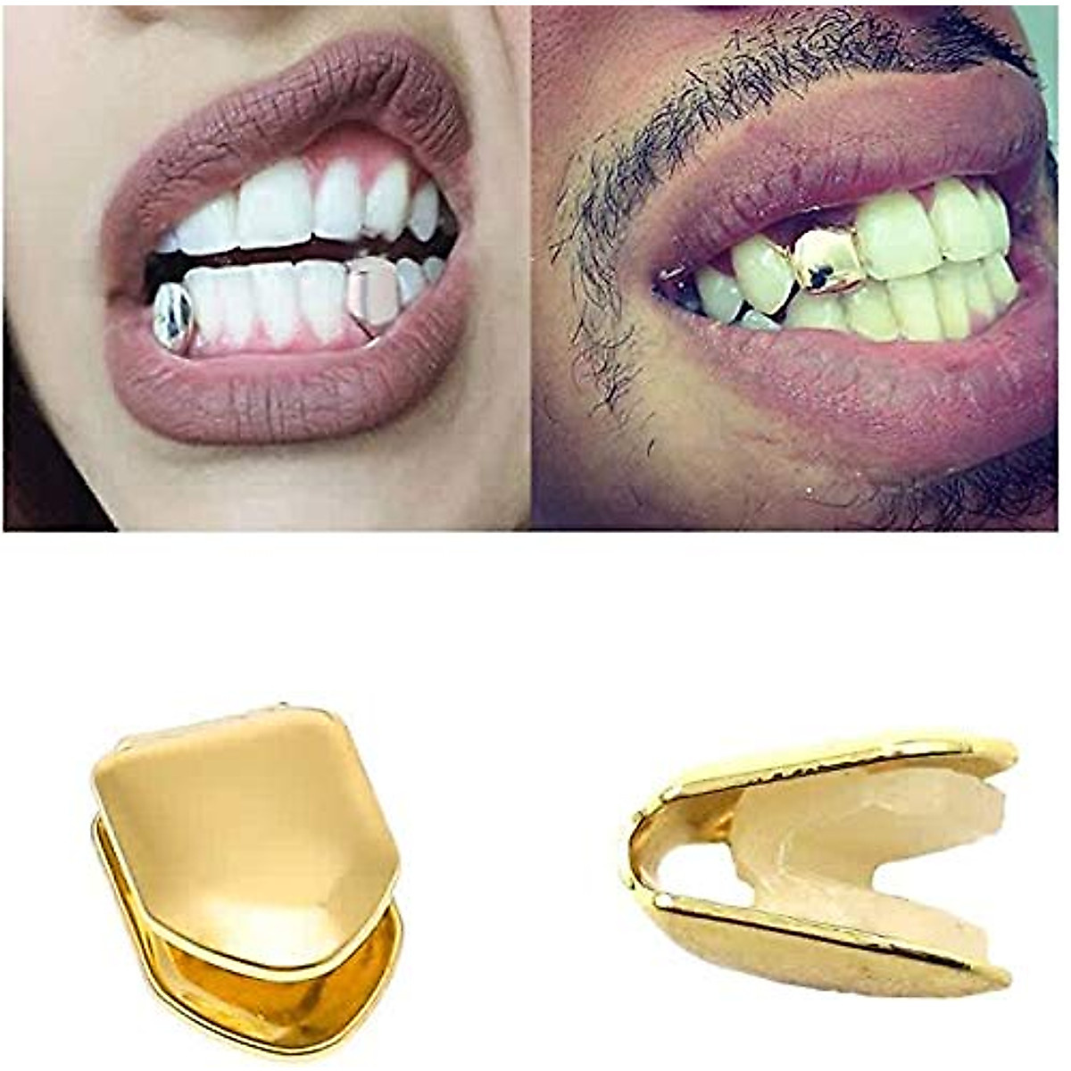 2 Pieces 14K Plated Gold Grillz Mouth Teeth, Hip Hop Teeth Plain, Top Tooth Single Grill Cap for Teeth Mouth Party Accessories Teeth Grills