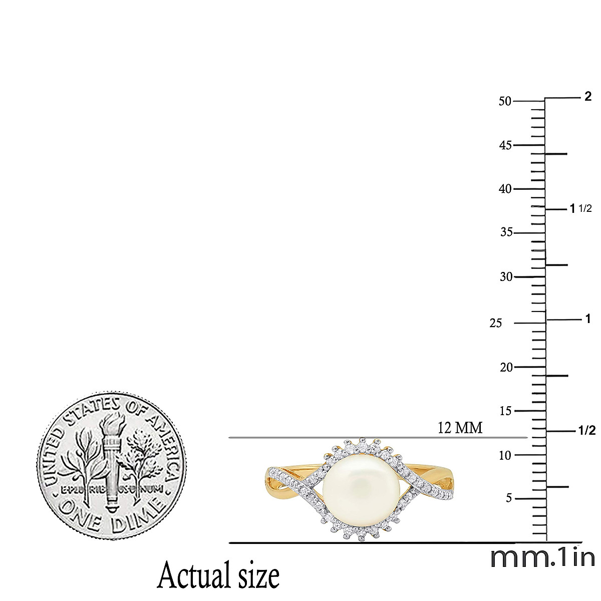 Dazzlingrock Collection 10K 9 MM Round White Freshwater Pearl & White Diamond Ladies Split Shank Engagement Ring, Yellow Gold, Size 7
