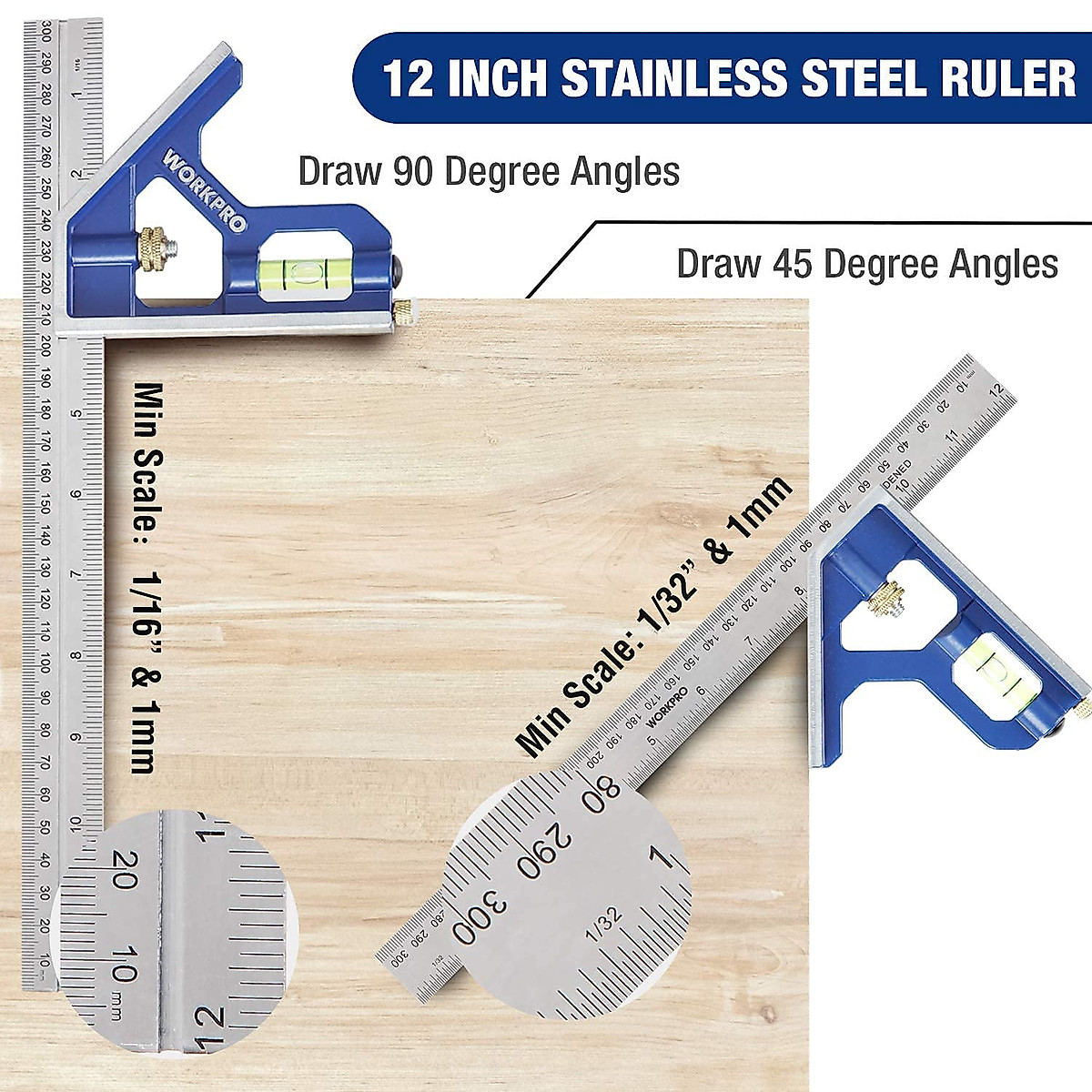 WORKPRO Rafter Square and Combination Square Tool Set+WORKPRO 6"(2) and 4-1/2"(2) Bar Clamps Set