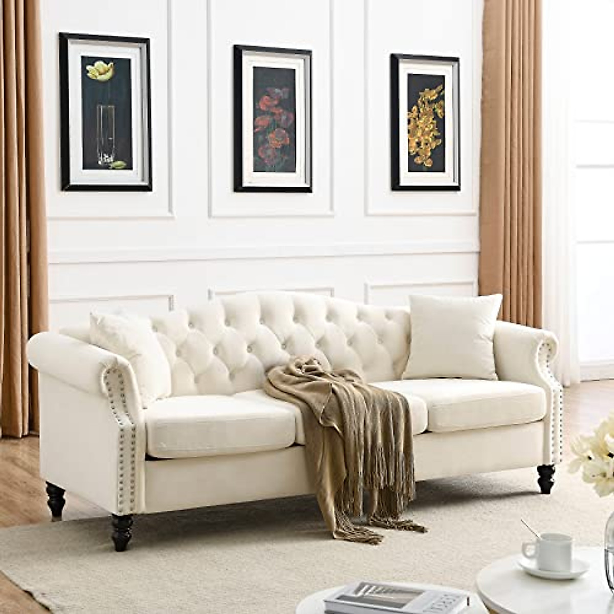 79" Velvet Chesterfield Sofa for Living Room,3 Seater Sofa Button Tufted Nailhead Trimming Curved Backrest Rolled Arms with Wood Legs with 2 Pillows,Bedroom,Office (Beige Velvet, 79*30*32")