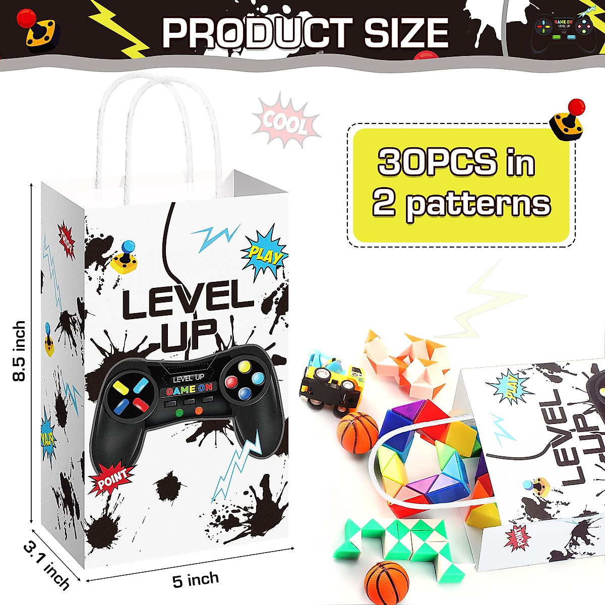 Crtiin 30 Pcs Video Game Gamer Gift Bags - Level Up Gaming Party Favors with Handle - Black & White
