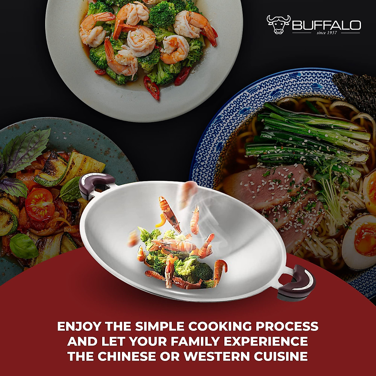 BUFFALO Clad Stainless Steel Wok Pan with Lid Flat Bottom 15 inch (38cm) Stir Frying Pan Tri-Ply Nonstick Cookware - Double Handle Cooking Pot for Induction/Electric/Gas Stoves