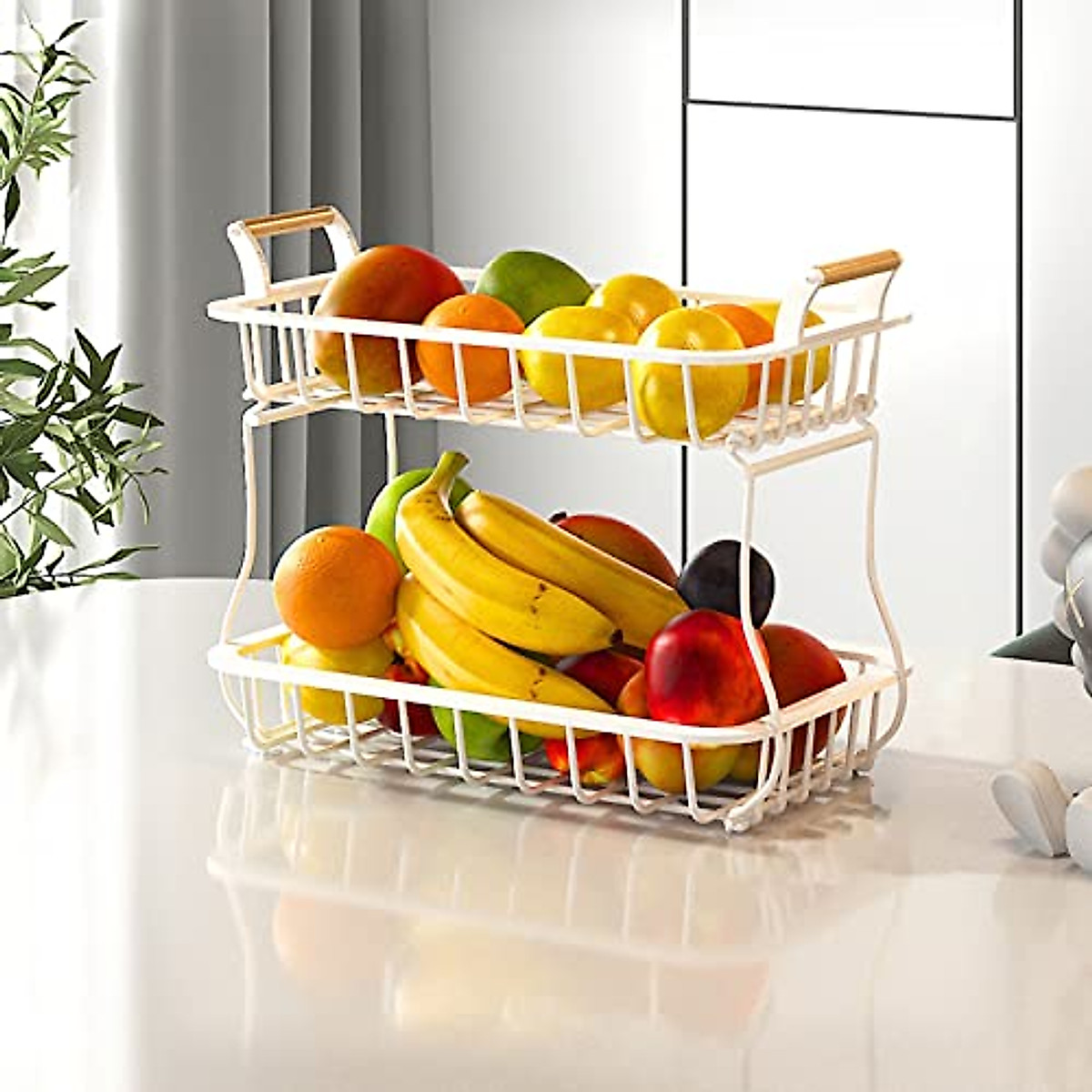 2 Tier Fruit Storage Basket for Kitchen Countertop,GTAGGEE Bread Baskets Fruit Bowl Holder Vegetable Stand Detachable Metal Rectangular Wire Basket, White