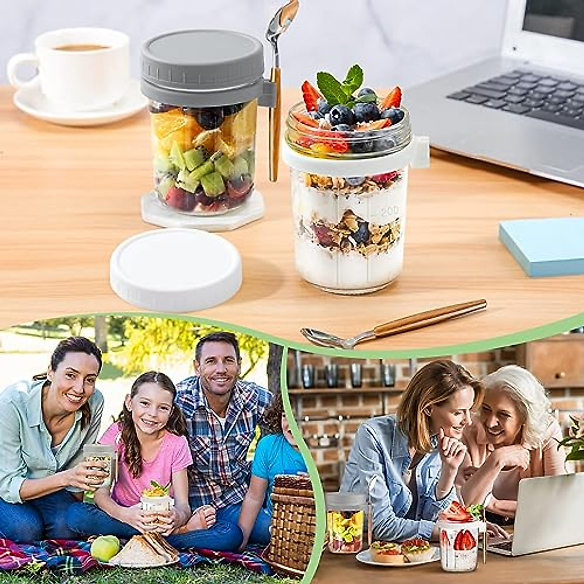 Tekuve 4 Pack Overnight Oats Containers with Lids and Spoon, 16 oz Glass Mason Jars with Airtight Lid for Overnight Oats Meal Prep Chia Yogurt Salad Fruit Gray White