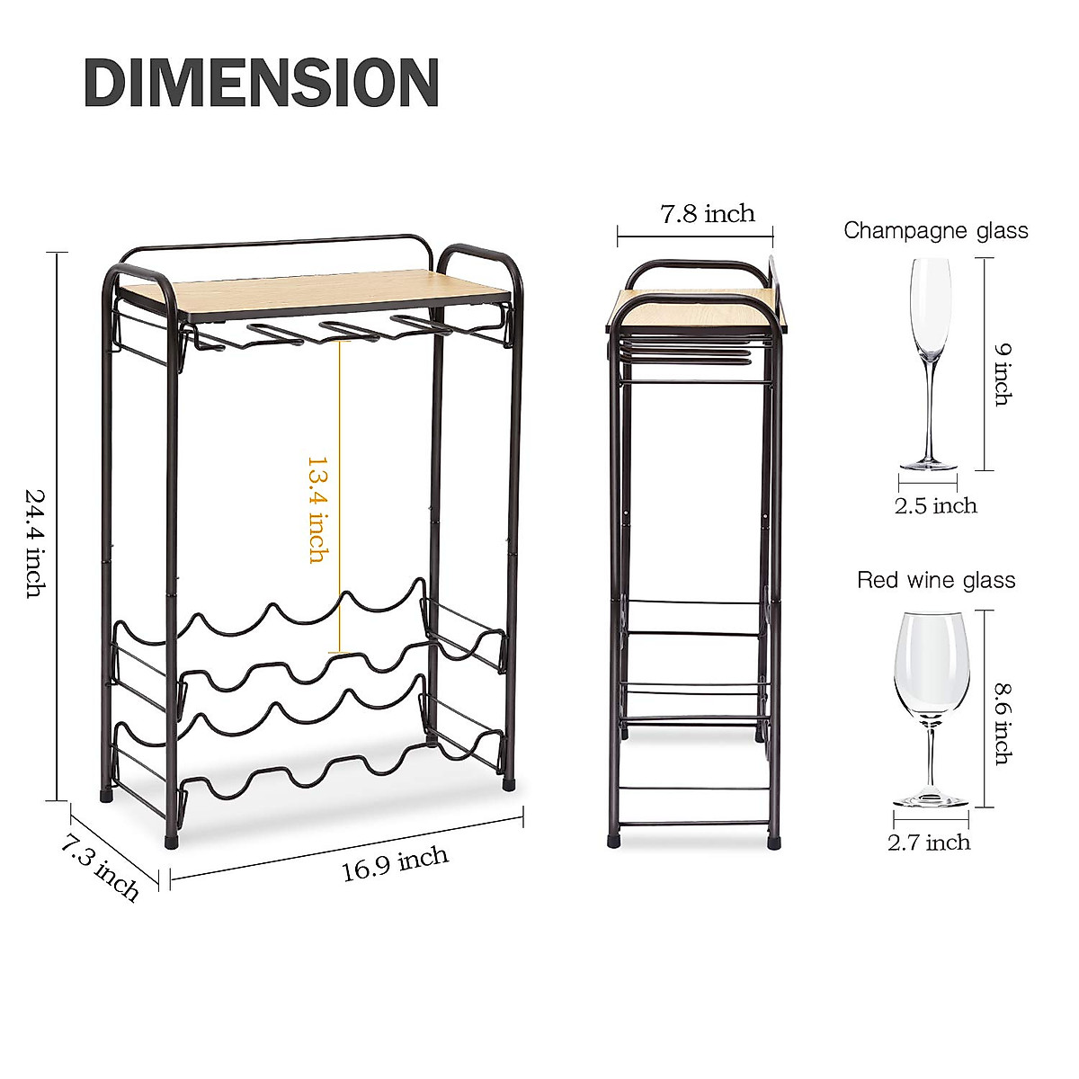 TOOLF 8 Bottle Wine Rack Freestanding Floor, Metal Wine Storage Shelf with Glasses Holder & Table Top, 4 Tier Wine Display Organiser, for Home Decor, Cellar, Bar, Countertop, Cabinet