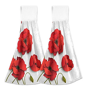 Spring Red Poppy Kitchen Hanging Towel 12 x 17 Inch Rose Blossom Floral Flowers Hand Tie Towels Set 2 Pcs Tea Bar Dish Cloths Dry Towel Soft Absorbent Durable for Bathroom Laundry Room Decor