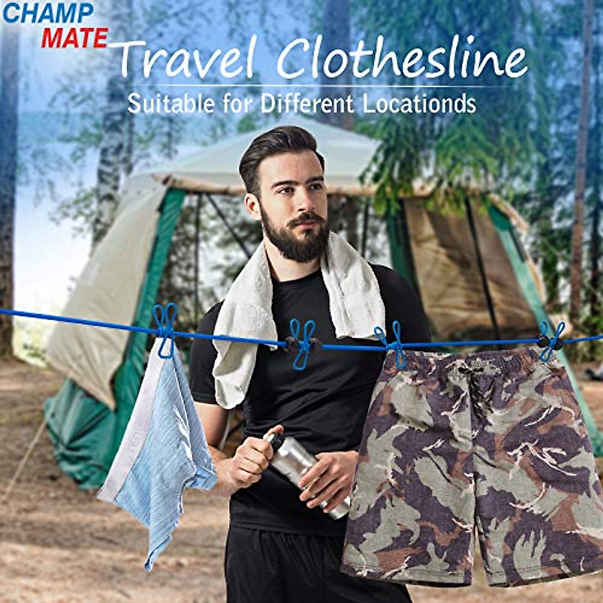 Champmate Portable Clothesline with 12 Clothespins Elastic Windproof Travel Stretchy Retractable Laundry Clothes Drying Line for Backyard Vacation Hotel Outdoor and Indoor Balcony (Black&Blue)