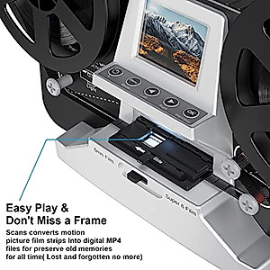 8mm & Super 8 Films Digitizer Converter, Film Scanner Converts Film Frame by Frame to Digital MP4 Files,with Vibrant 2.4" Screen, Viewing, Sharing & Saving on SD Card(Included) for 3” and 5” Reels