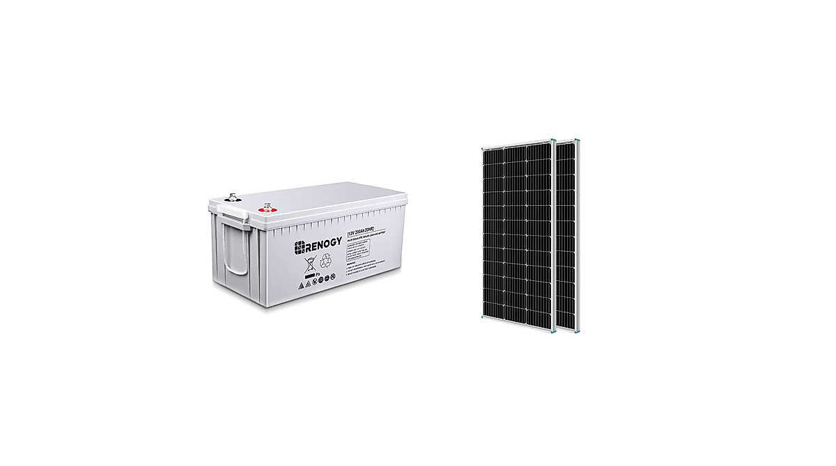 Renogy 12V Deep Cycle AGM Battery & 2x 100W Solar Panels for Off-Grid Power